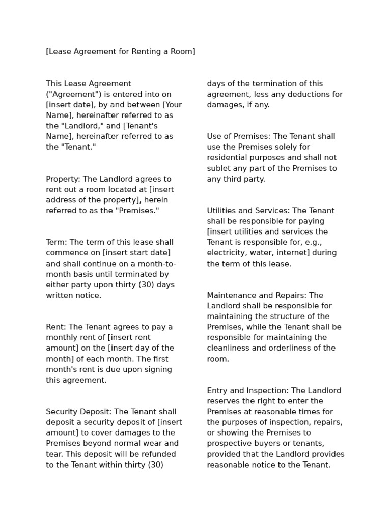 Lease Agreement For Renting A Room | PDF | Lease | Leasehold Estate