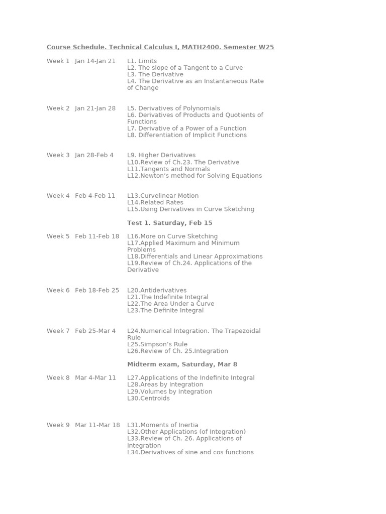 Course Schedule - TC.I.W25 | PDF | Integral | Trigonometric Functions
