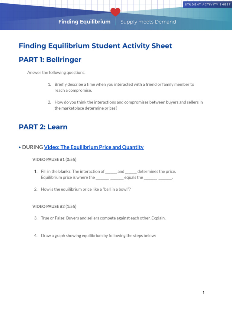 Finding Equilibrium - Student Activity Sheet | PDF | Economic ...
