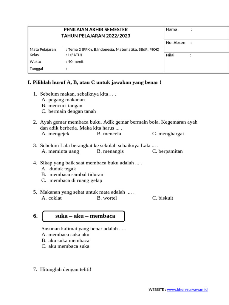 Soal PAS Kelas 1 Tema 2 Ver. 2 - WEBSITE WWW - Kherysuryawan.id | PDF
