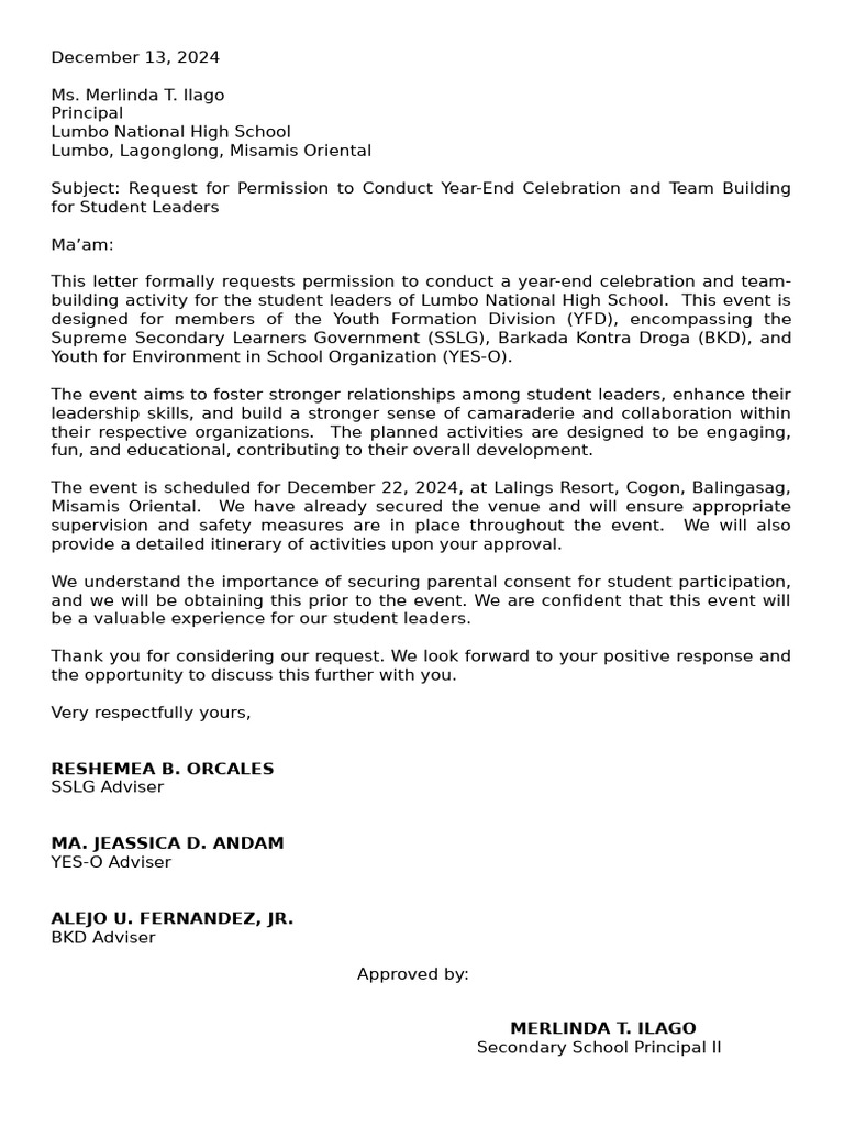 LETTER TO PRINCIPAL (YFD Outing) | PDF