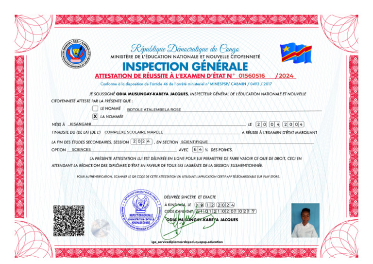 Attestation - Botole Atalembela Rose 1 | PDF