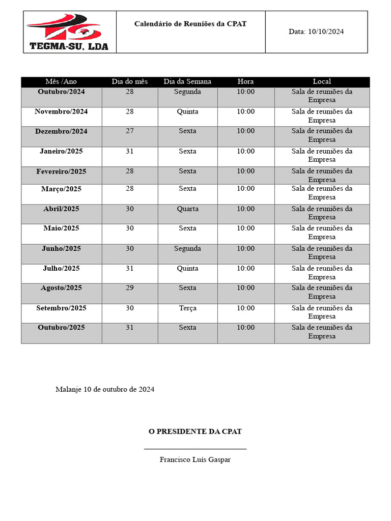 Calendário de Reuniões Da CPAT | PDF