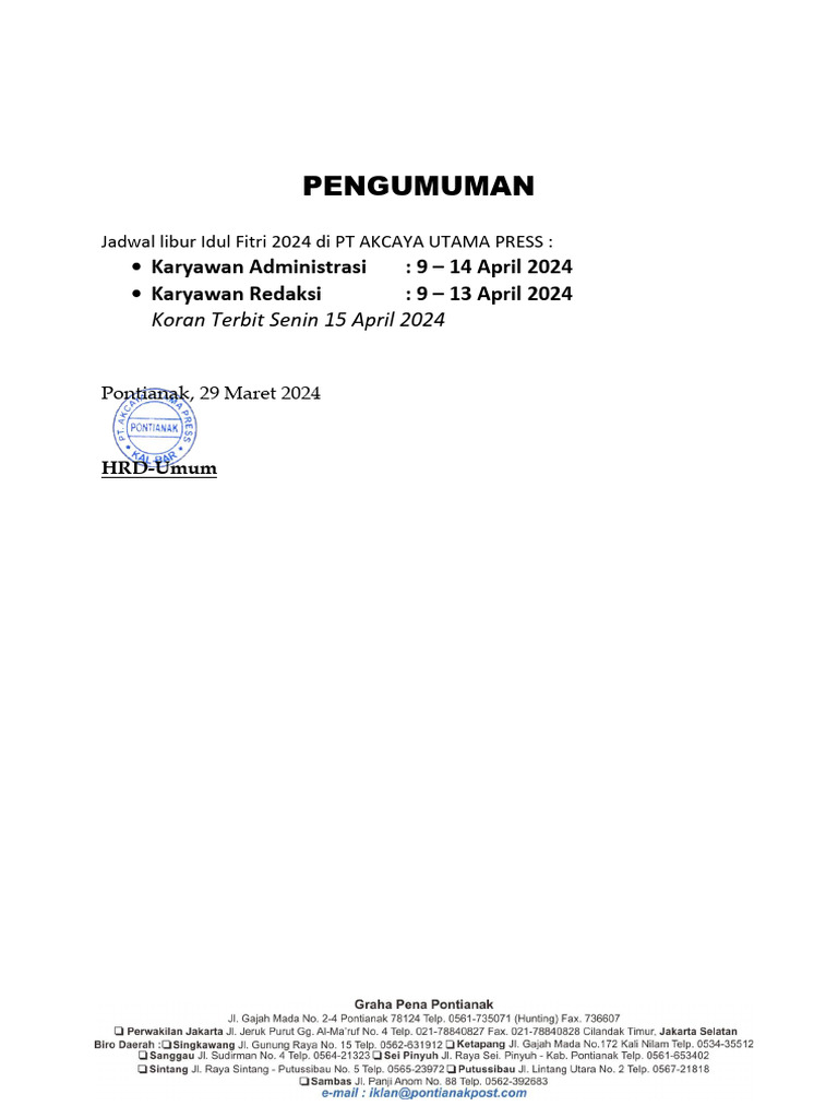29-03-2024 Pengumuman Libur Idul Fitri 2024 | PDF
