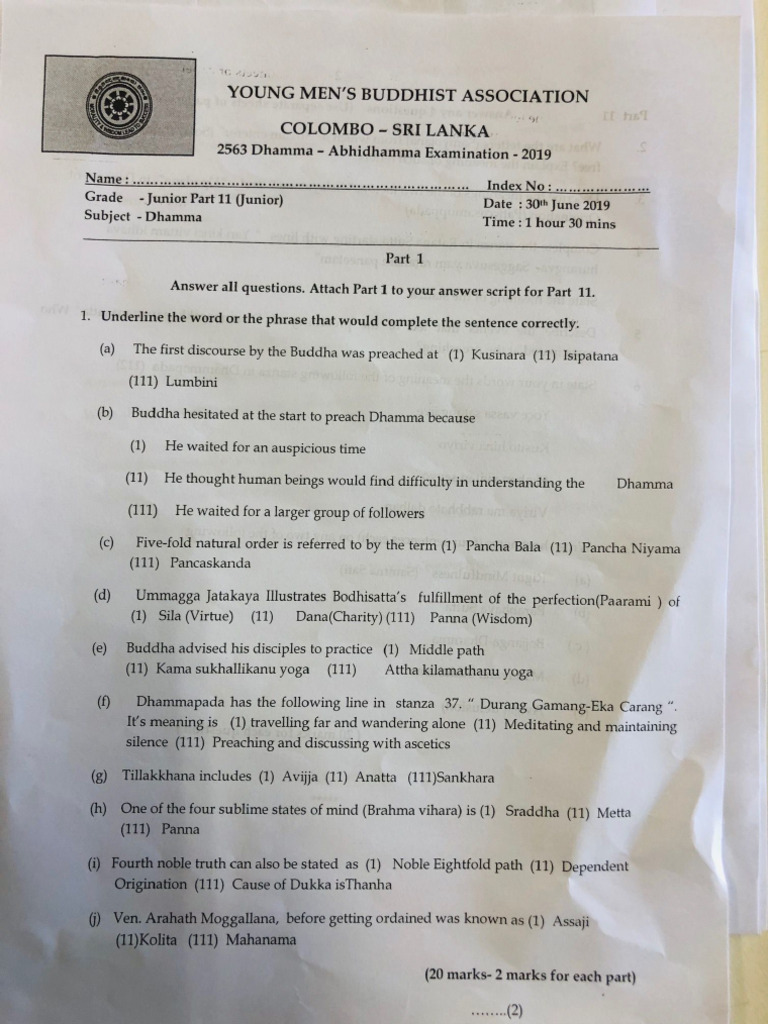 YMBA Junior Part II Dhamma 2019 | PDF