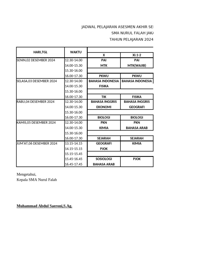 Jadwal Pelajaran Aas 2024 | PDF