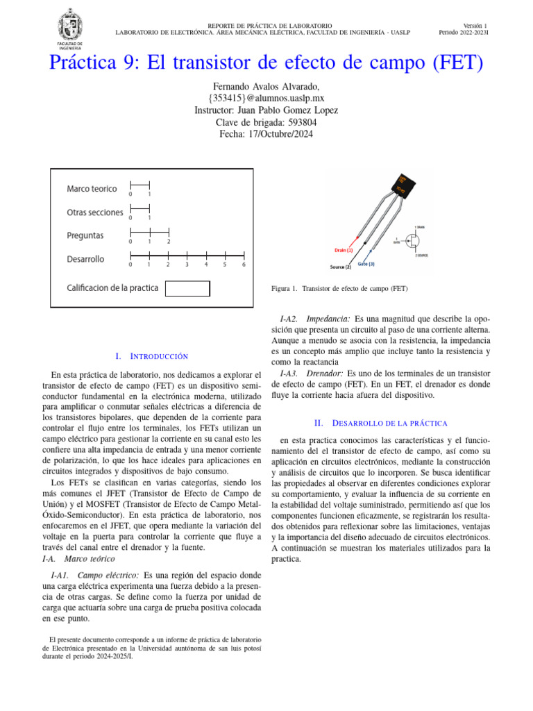 Práctica de Laboratorio: Transistor FET | PDF | Transistor de efecto de ...