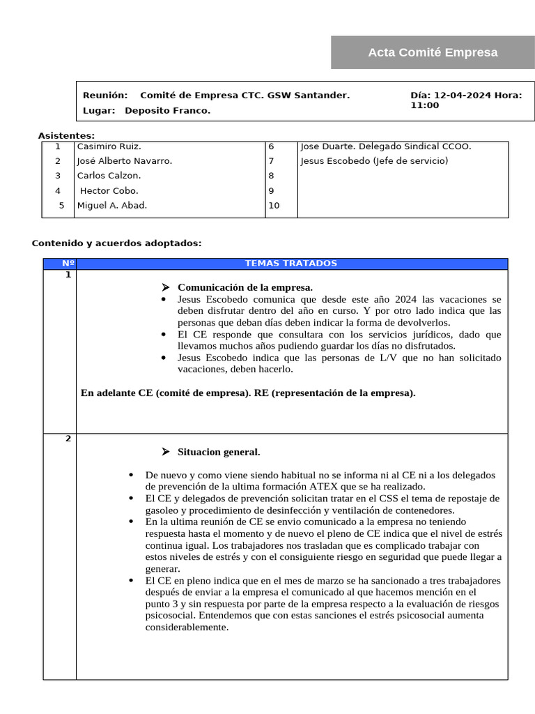 Acta Reunion Comite de Empresa 12 Abril 2024 | PDF