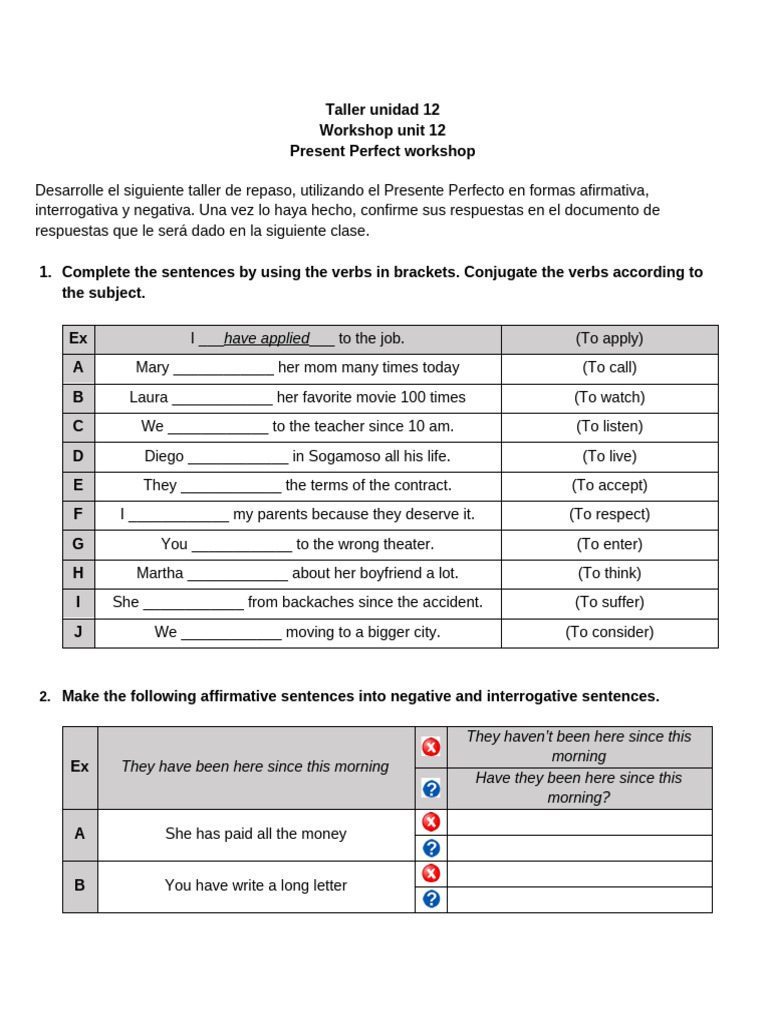 Present Perfect Workshop Exercises | PDF | Semantic Units | Language ...