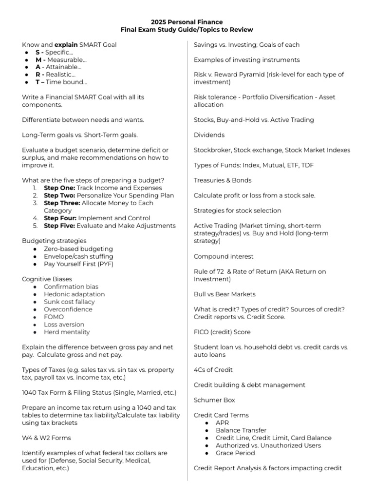 Personal Finance Final Exam Study Guide | PDF | Credit | Finance ...