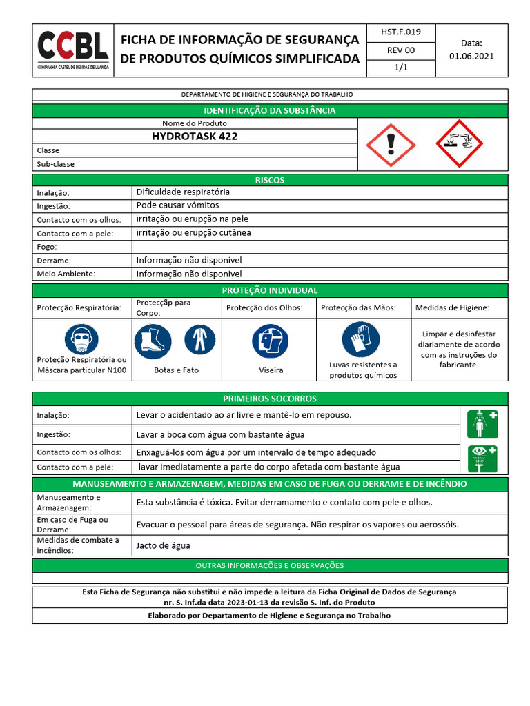 Ficha de Segurança: Hydrotask 422 | PDF