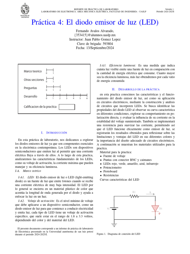 Práctica LED en Electrónica UASLP | PDF | Diodo emisor de luz ...