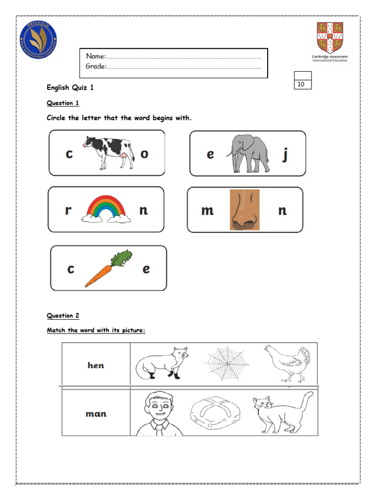 English Quiz 2 Grade 1 | PDF