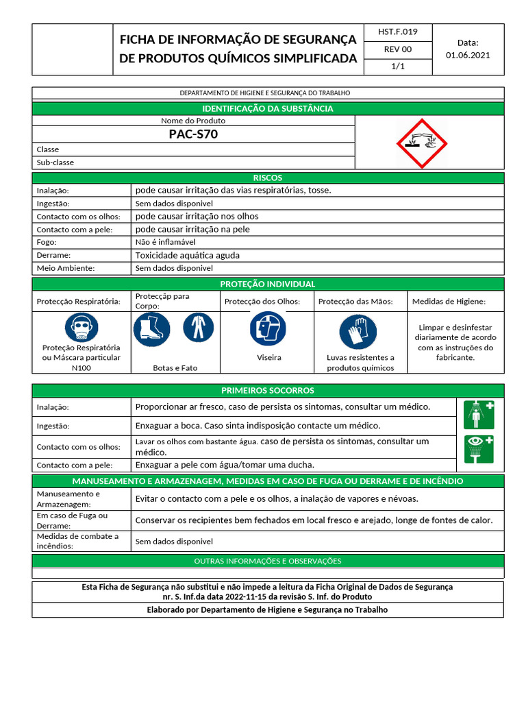 Ficha de Segurança PAC-S70: Riscos e Proteção | PDF