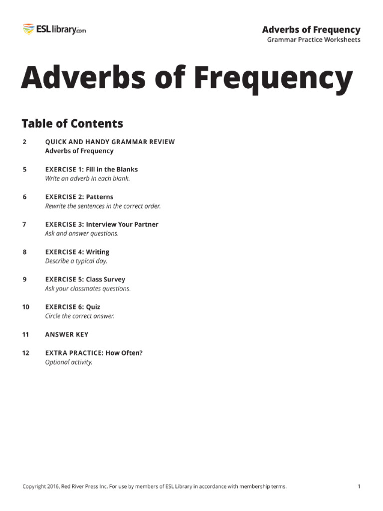 Adverbs of Frequency - Ellii Formerly ESL Library 1 | PDF