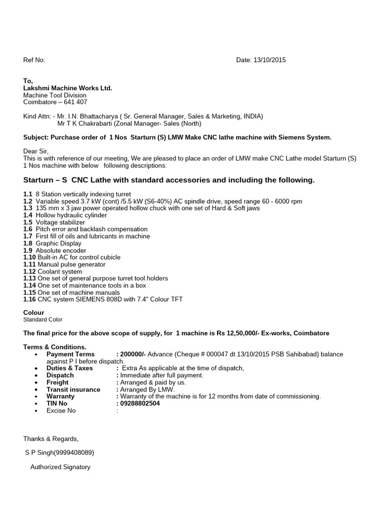 CNC Lathe Purchase Order for LMW Machine | PDF