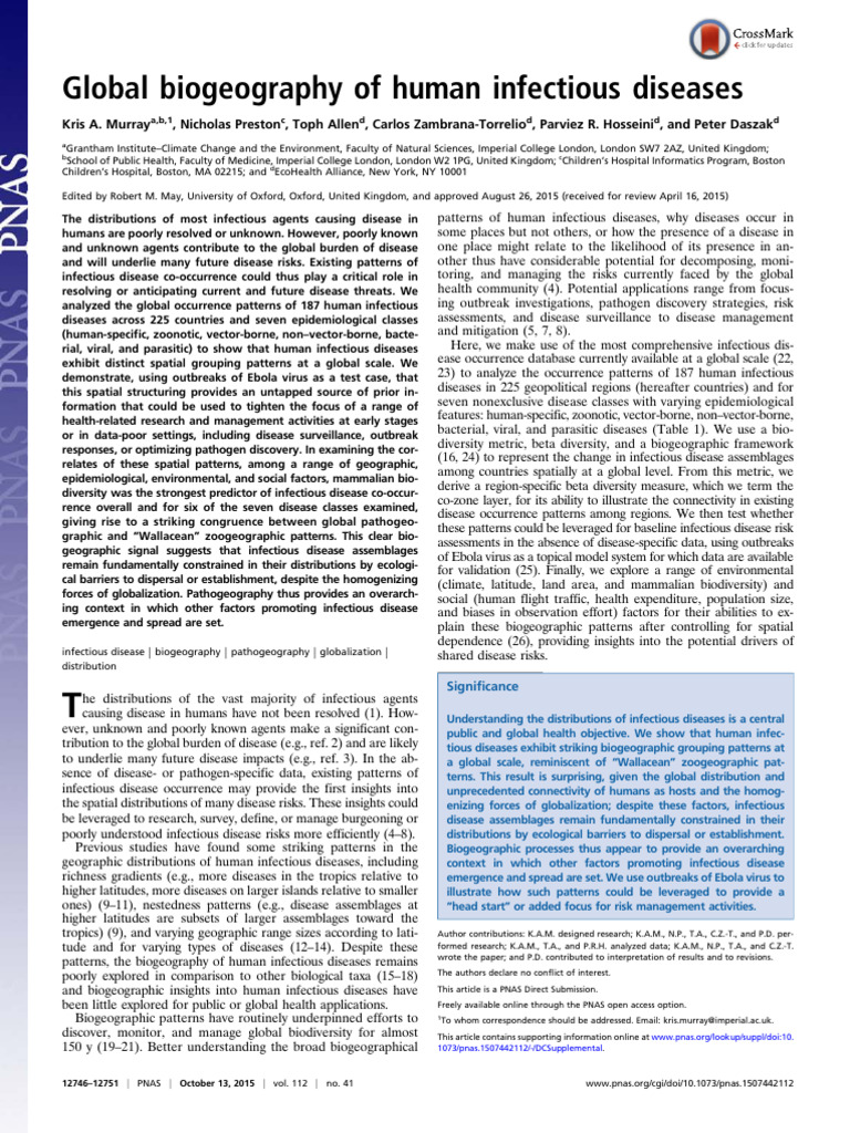 Global biogeography of human infectious diseases | PDF | Biogeography ...