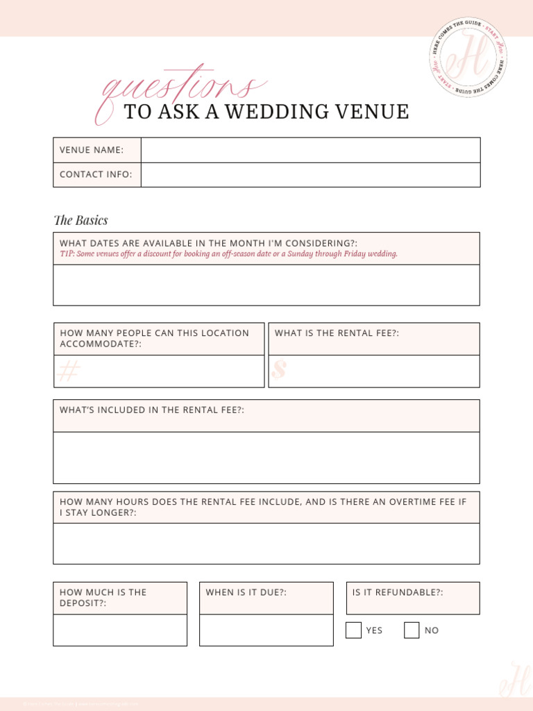Questions To Ask A Wedding Venue Worksheet | PDF | Alcoholic Beverages ...