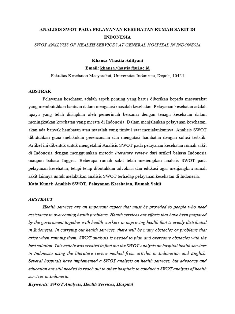 SWOT Pelayanan Kesehatan Rumah Sakit Indonesia | PDF
