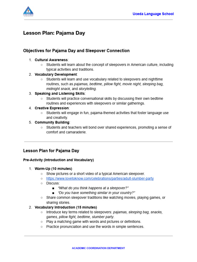 Evening Term 4 Activity - Lesson Plan_ ESL Class Pajama Day | PDF ...