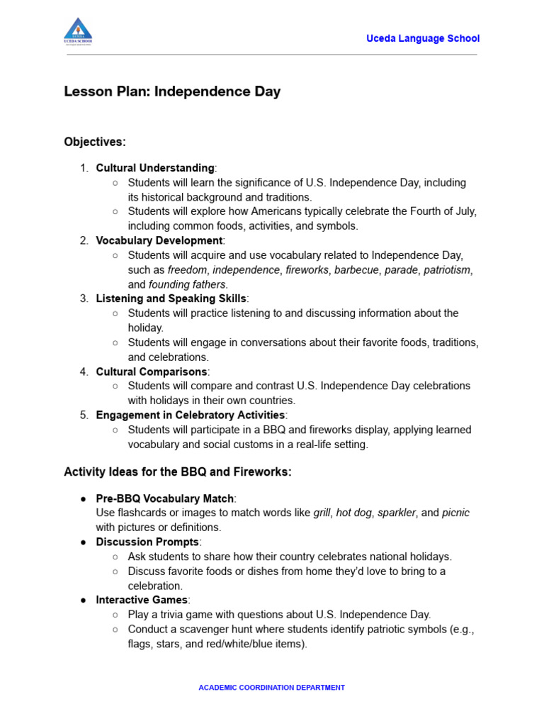Evening Term 3 Activity 2 - Lesson Plan - ESL Class Independence Day | PDF