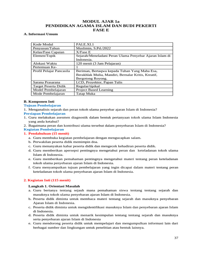 Modul Ajar Pai Sma Kelas X Bab 5 - Peran Dan Ketauladanan Tokoh... | PDF