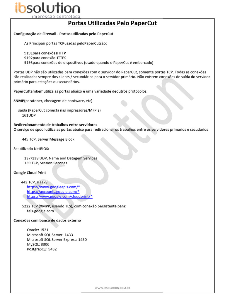 Portas TCP do PaperCut e Configurações | PDF | Protocolo de controle de ...