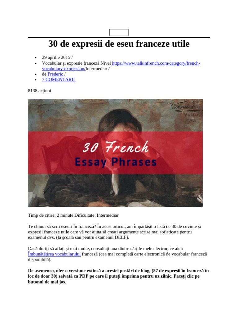 30 expresii utile pentru eseuri în limba franceză | PDF