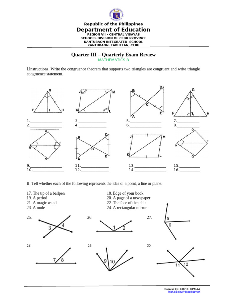 Q3 Mathematics 8 - Review | PDF | Euclidean Plane Geometry | Euclid