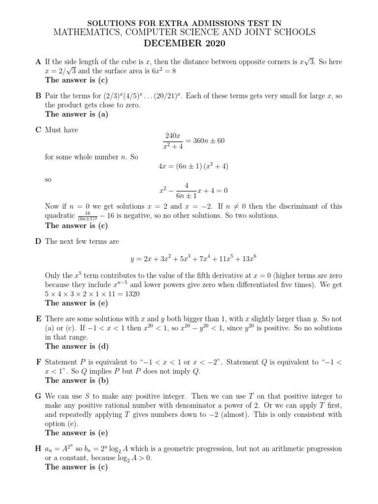 December 2020 Math & CS Test Solutions | PDF | Square Root | Area