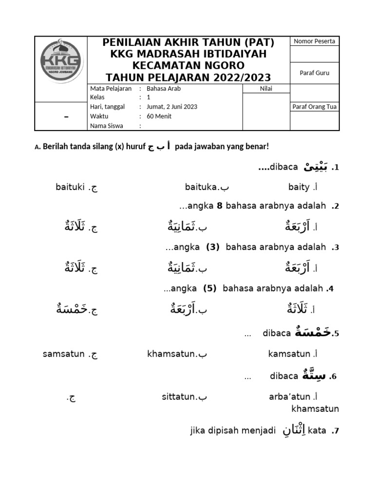 PAT Bahasa Arab Kelas 1 Ngoro 2023 | PDF