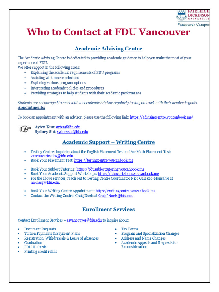 Who To Contact at FDU Vancouver | PDF