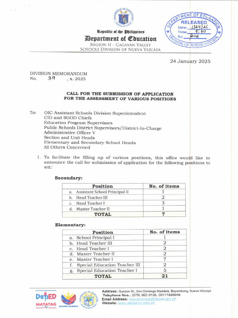 DM No. 39 S. 2025 CALL FOR THE SUBMISSION OF APPLICATION FOR THE ...
