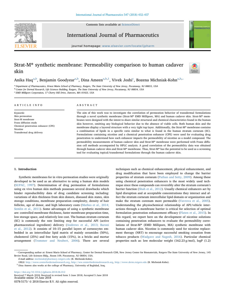 Strat-M® Synthetic Membrane - Permeability Comparison To Human Cadaver ...