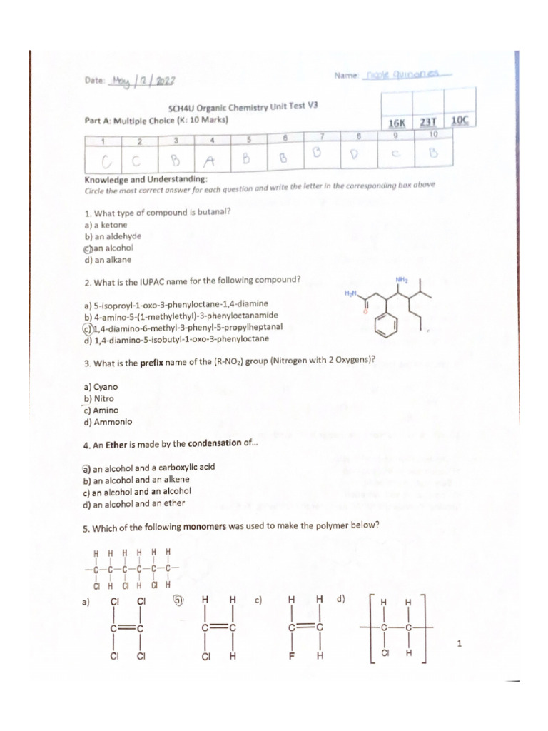 SCH4U Organic Chemistry Unit Test V3 | PDF