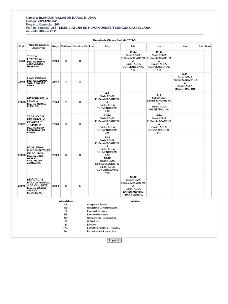 Horario Segundo Semestre | PDF