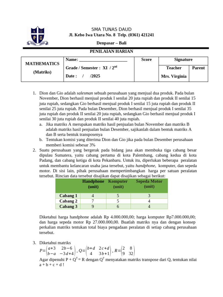 Soal Ulangan Harian Matriks IPS | PDF