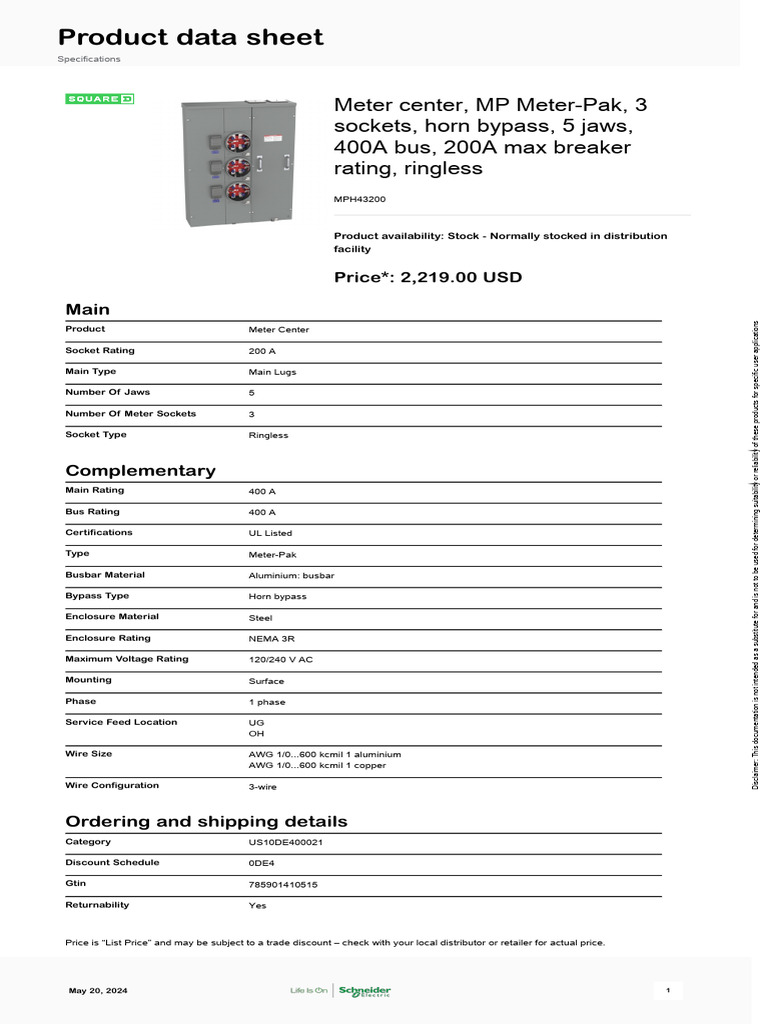 Schneider Electric - MP-MeterPak-Meter-Centers - MPH43200 | PDF
