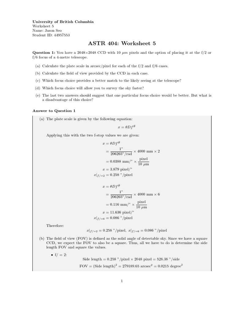 ASTR 404 - Worksheet 5 - Jason Seo | PDF | Image Resolution | Optics