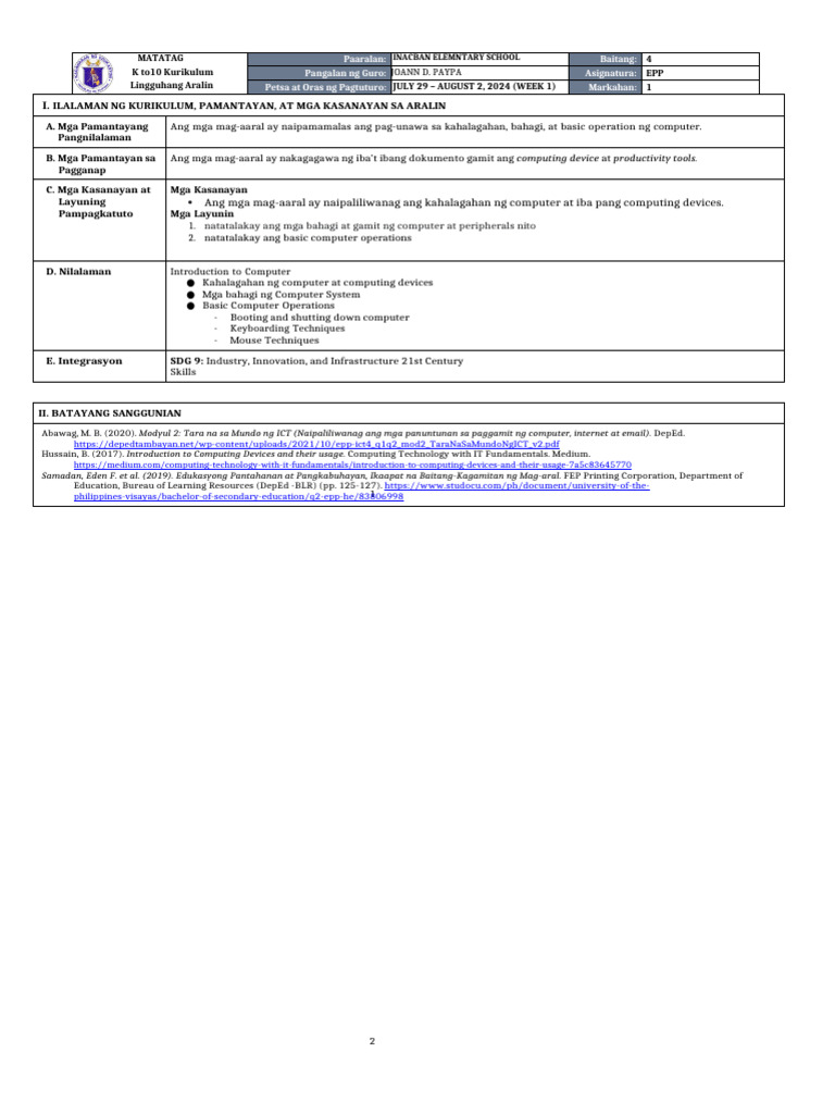DLL Matatag - Epp 4 Q1 W1 | PDF