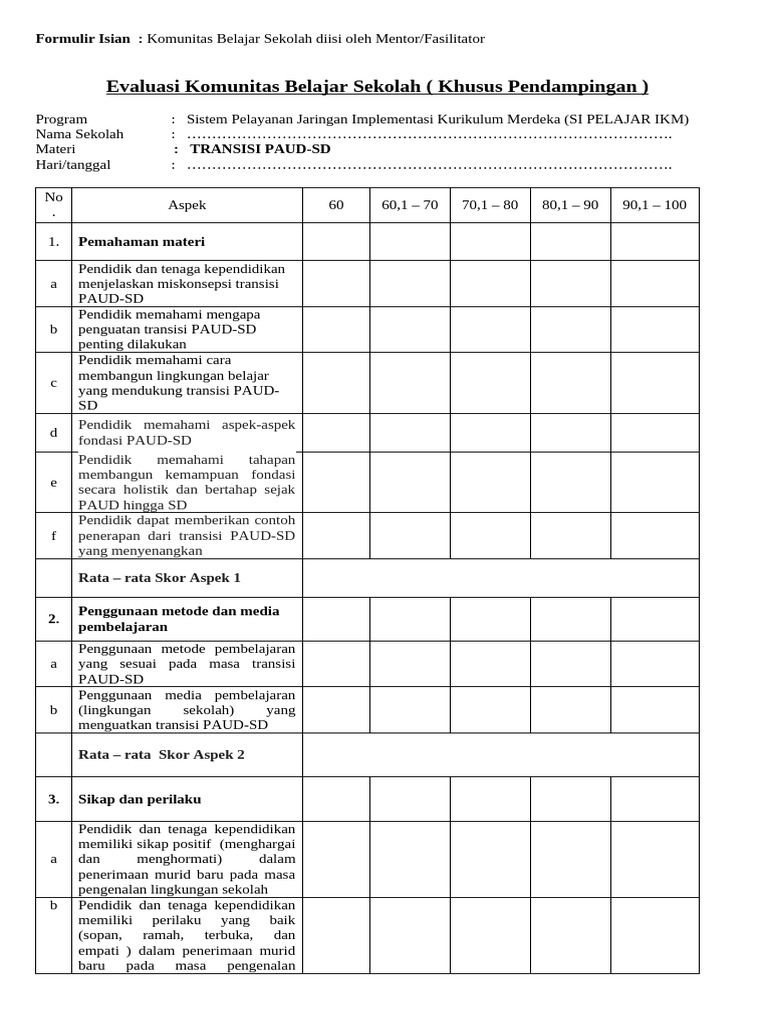 Instrumen Khusus Mentor - TRANSISI PAUD Revisi | PDF
