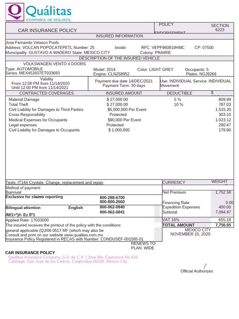 Qualitas insurance policy | PDF | Insurance | Vehicle Insurance