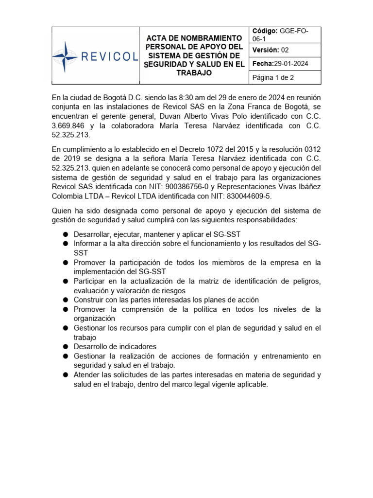 Nombramiento SG-SST en Revicol SAS | PDF | Business