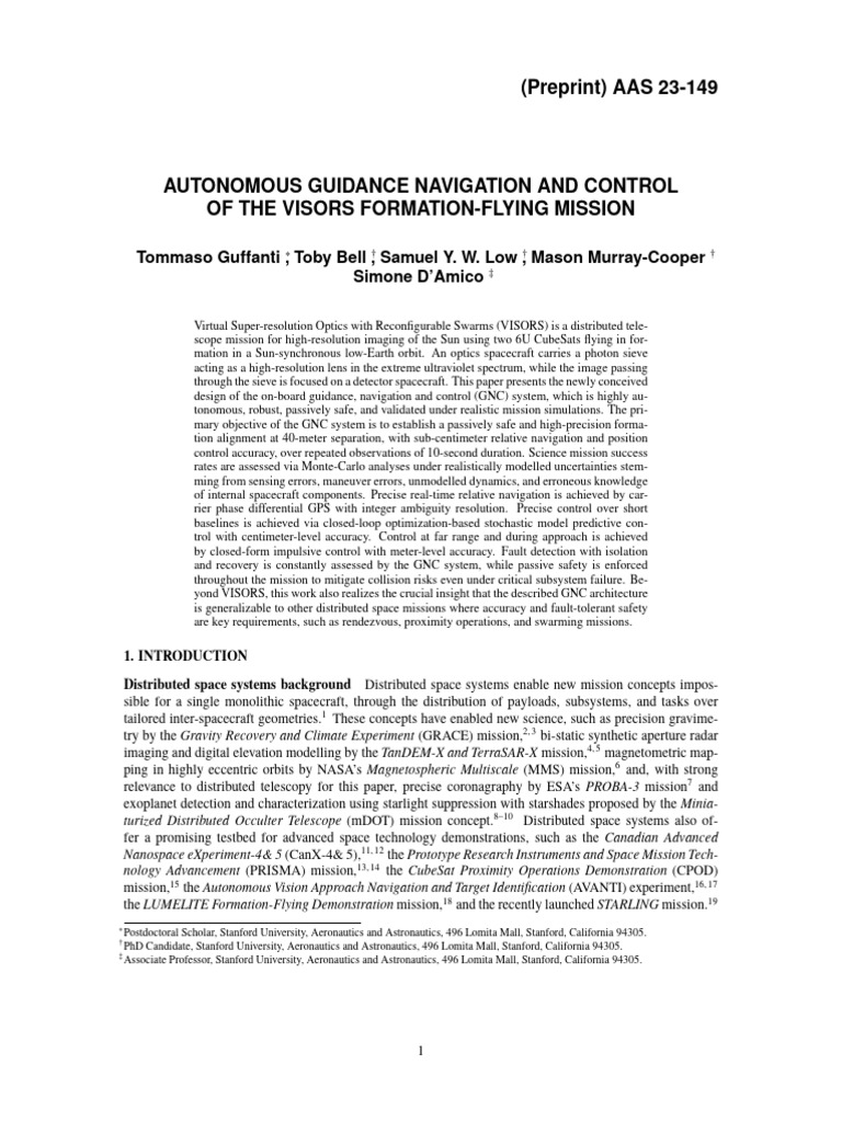 Autonomous Guidance Navigation and Control of the Visors Formation Flying Mission | PDF | Space ...
