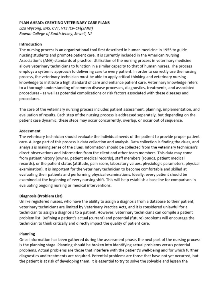 Wysong - 3 - Plan Ahead Creating Veterinary Care Plans | PDF | Nursing ...