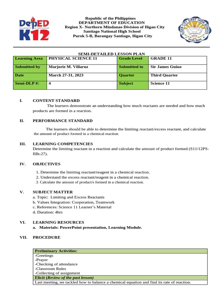 Limiting and Excess Reactants Lesson Plan | PDF | Chemical Reactions ...