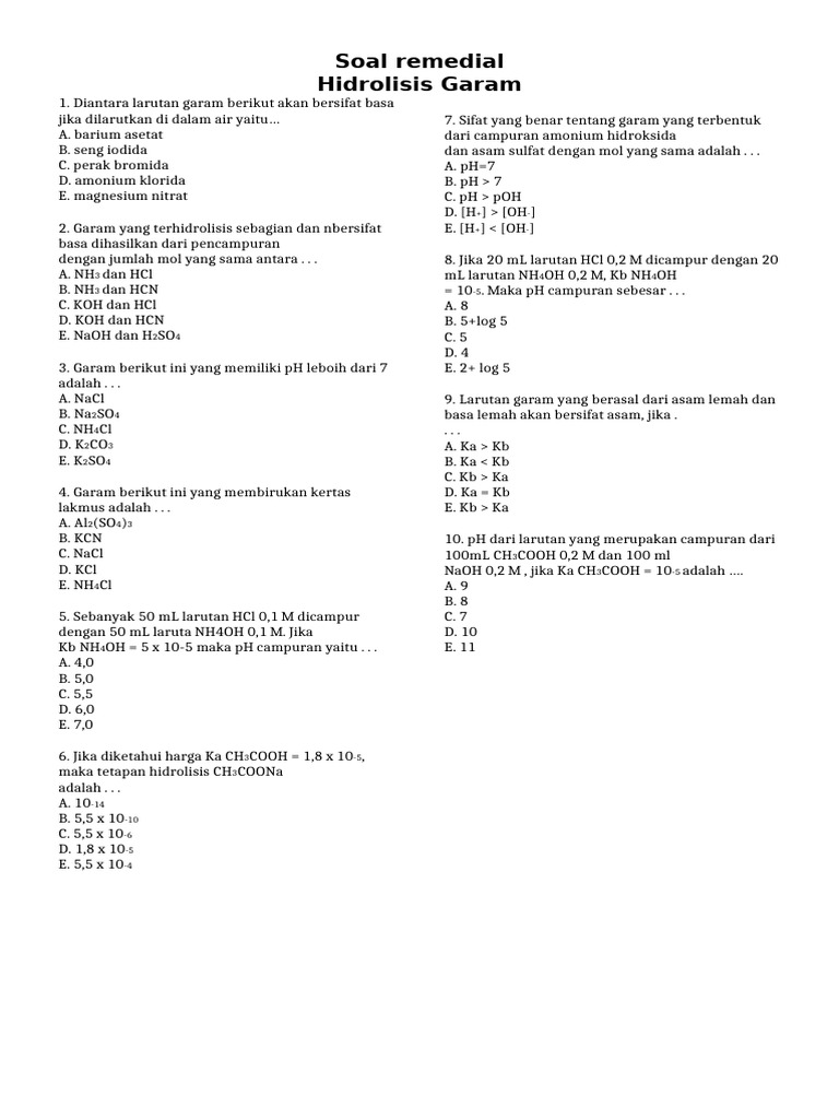 Soal Remedial HIDROLISIS GARAM | PDF
