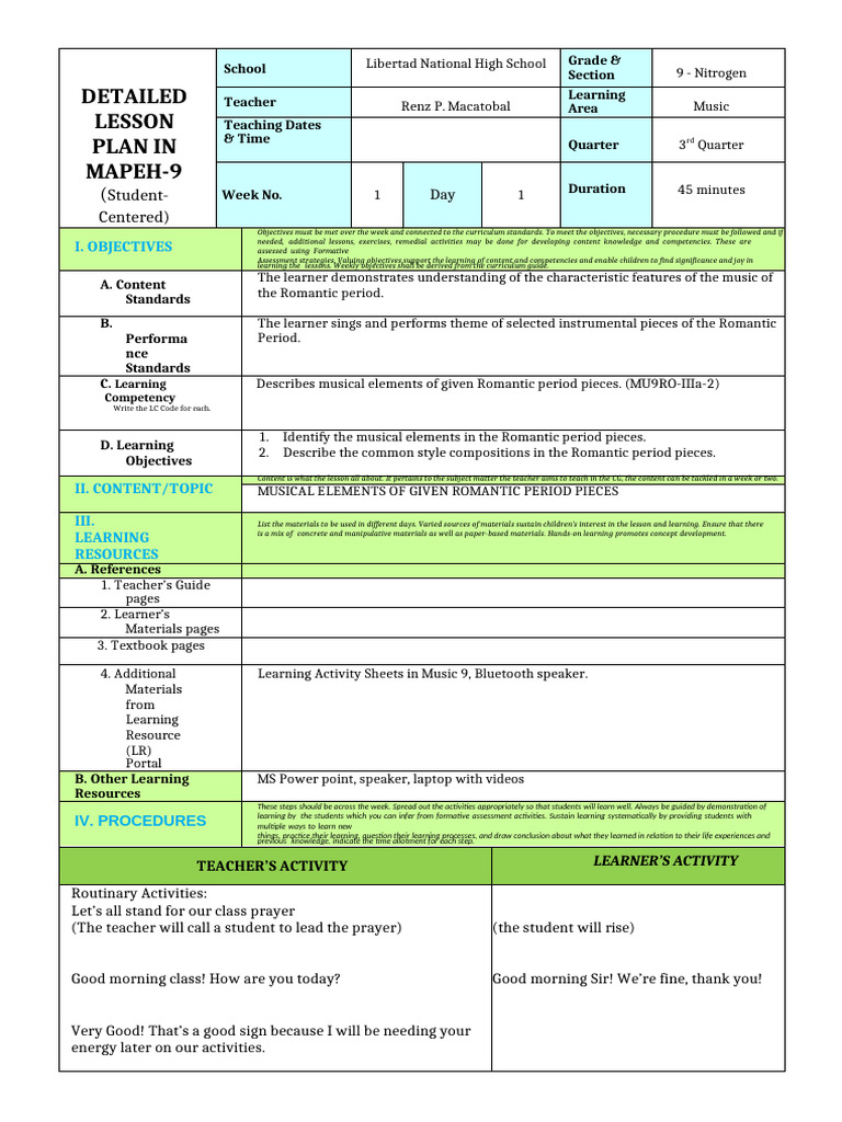 MAPEH 9 Music Lesson Plan: Romantic Era | PDF | Learning | Musical ...