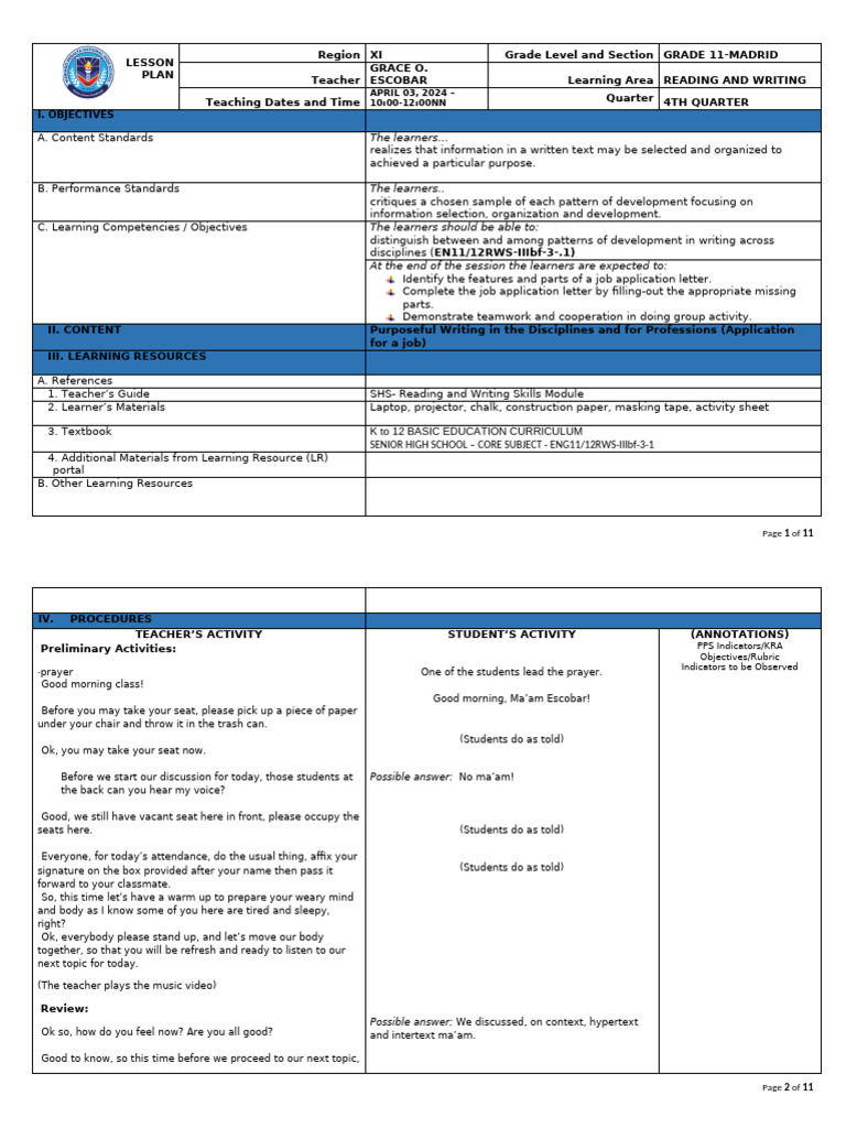 4TH QUARTER COT - READING WRITING (AutoRecovered) | PDF | Teachers | Intertextuality