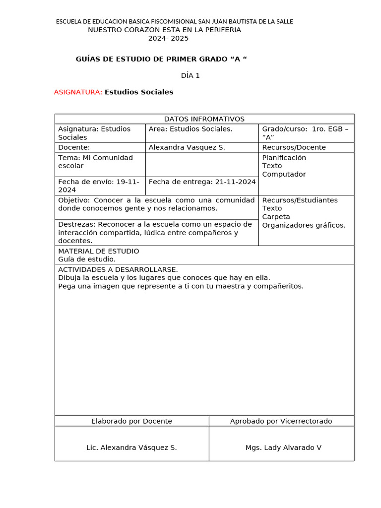 Guías de Estudio 1ro EGB A 2024-2025 | PDF | Educación primaria ...